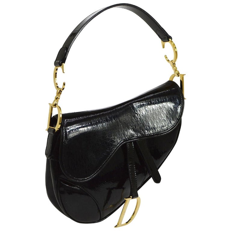 Christian Dior Black Patent Leather Gold Charm Top Handle 'CD' Shoulder ...