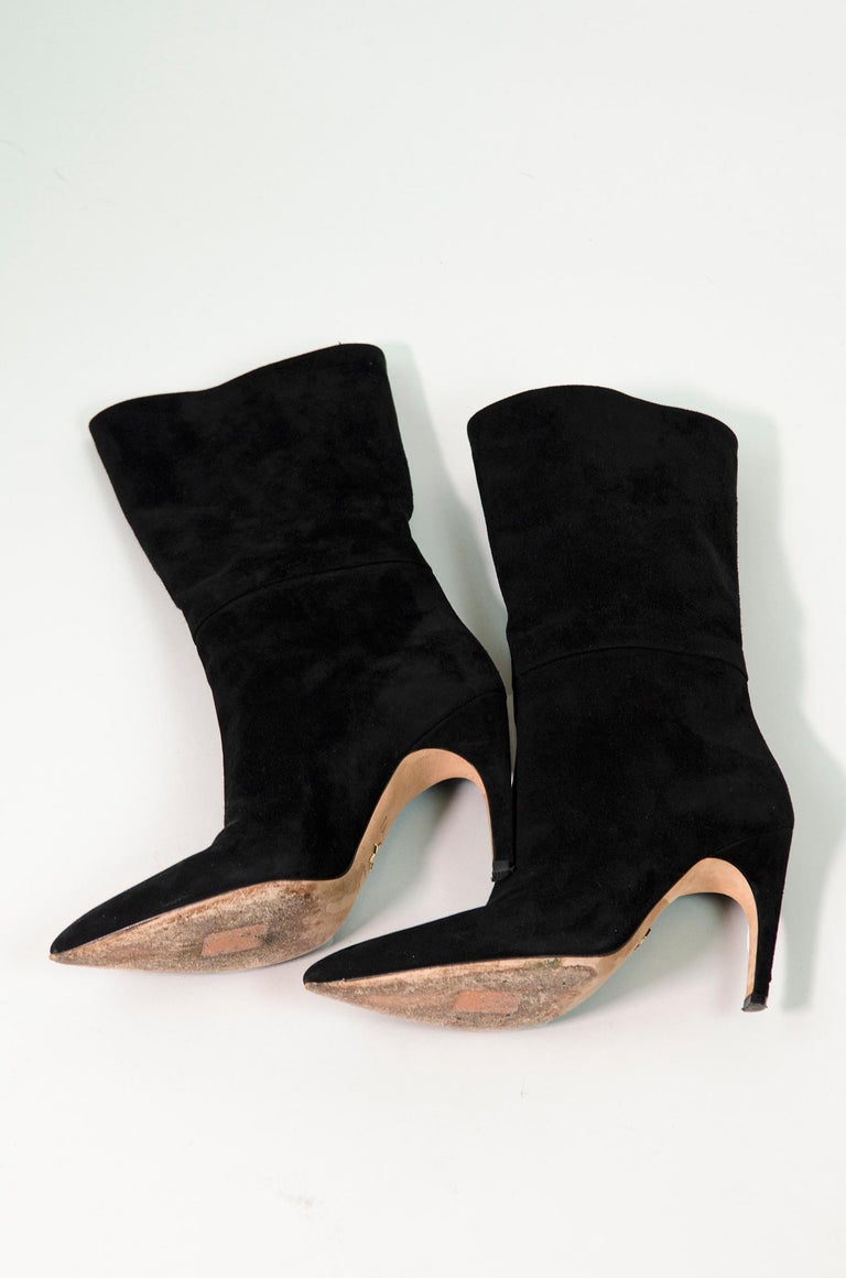 CHRISTIAN DIOR Black Velvet Curved Heel Boots For Sale at 1stDibs
