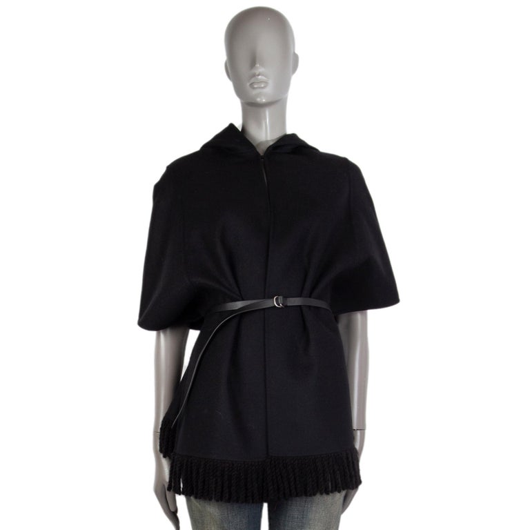 CHRISTIAN DIOR black wool blend BELTED HOODED Cape Jacket S at 1stDibs