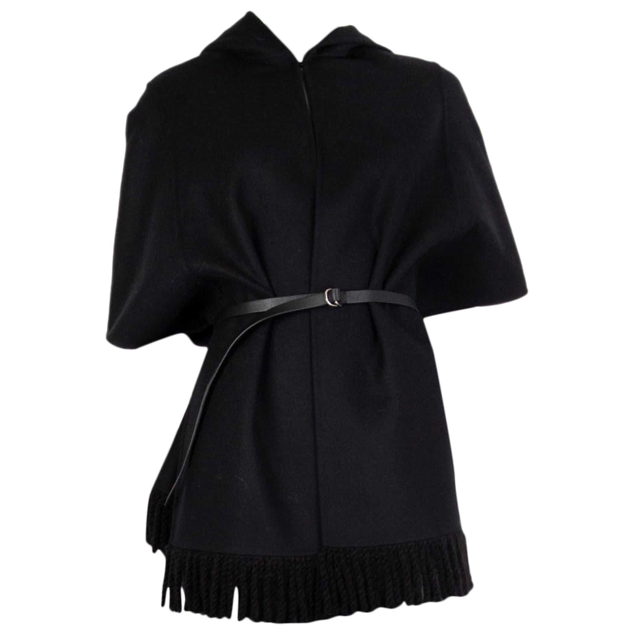 CHRISTIAN DIOR black wool blend BELTED HOODED Cape Jacket S at 1stDibs