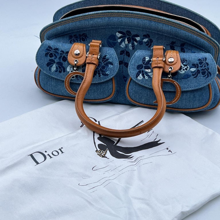 Christian Dior Blue Denim Floral Embroidery Detective Bag Satchel For ...