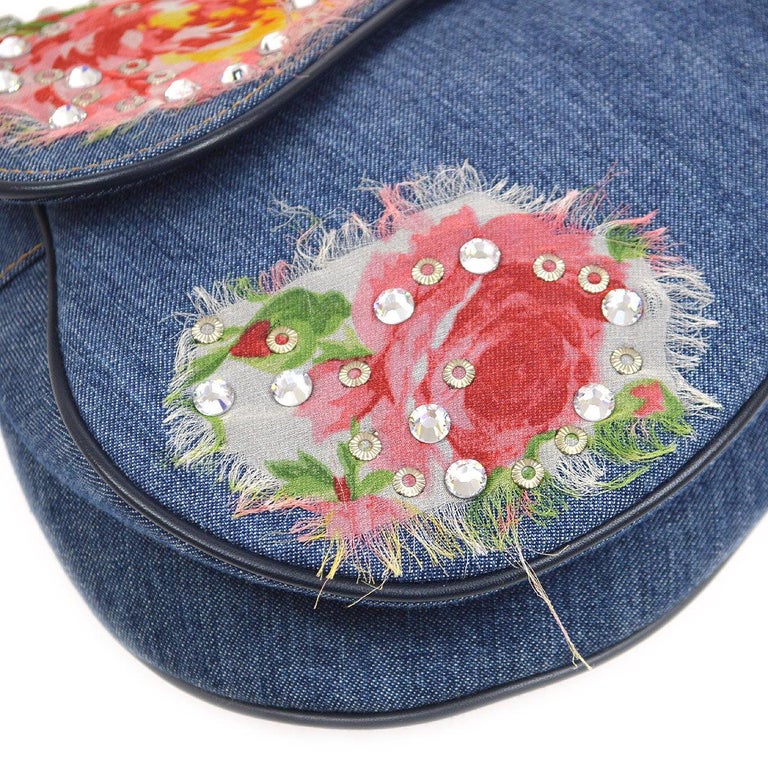 CHRISTIAN DIOR Blue Jean Denim Flower Rhinestone Sequin CD Logo Saddle ...