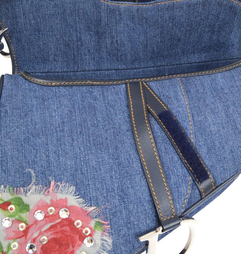 CHRISTIAN DIOR Blue Jean Denim Flower Rhinestone Sequin CD Logo Saddle ...