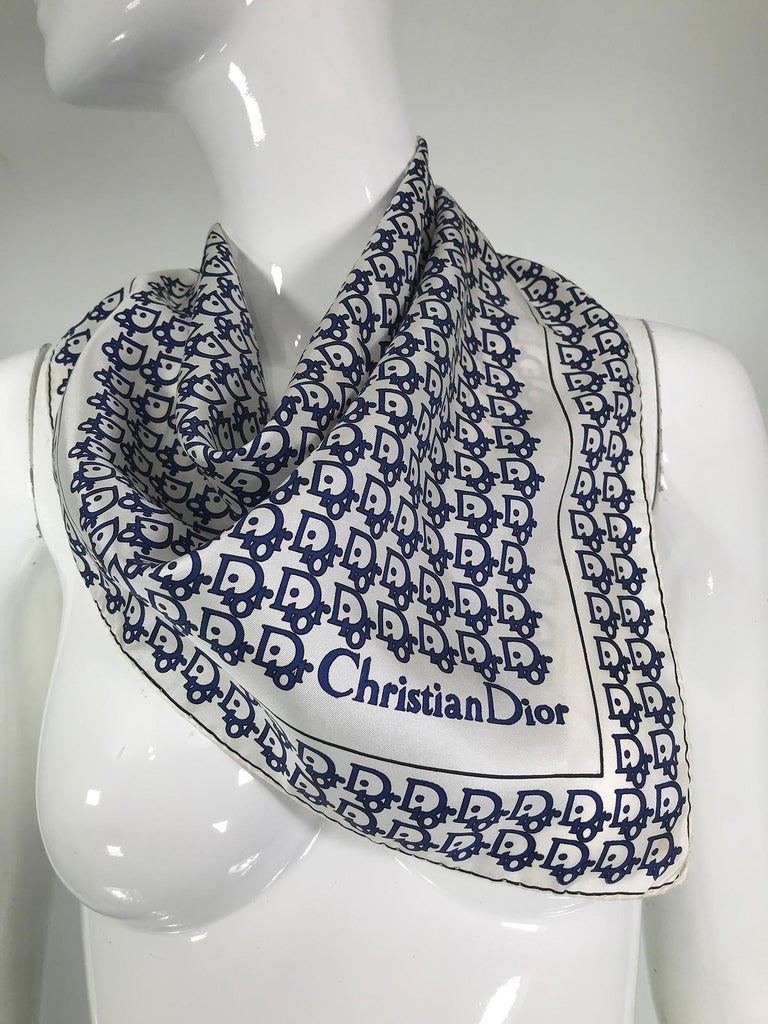 Christian Dior Blue and White Silk Logo Scarf 18 1/8" x 18 1/2" For ...