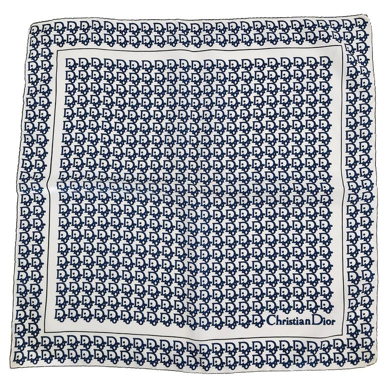 Christian Dior Blue and White Silk Logo Scarf 18 1/8" x 18 1/2" For ...