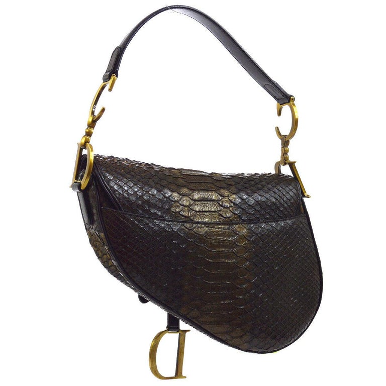 Christian Dior Brown Gold Exotic Snakeskin Leather 'CD' Logo Charm ...