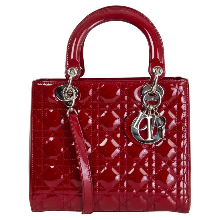 CHRISTIAN DIOR burgundy CANNAGE patent leather LADY DIOR MEDIUM TOTE ...
