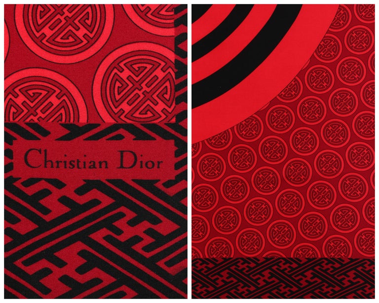 CHRISTIAN DIOR Burgundy Red and Black Oriental Asian Symbol Silk Scarf ...