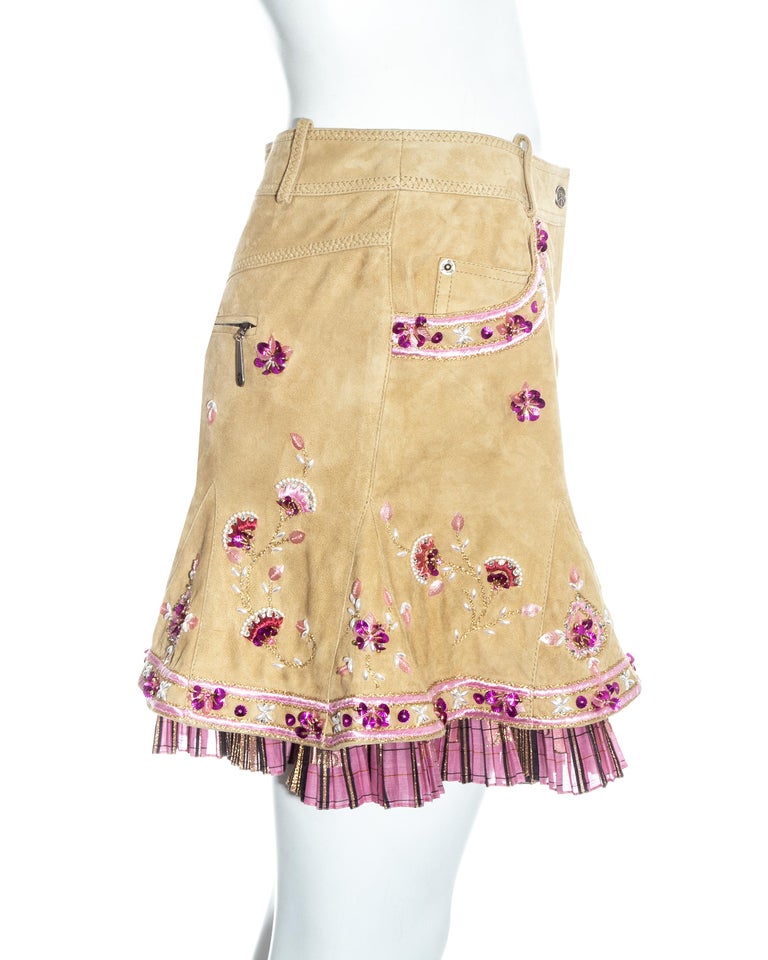Christian Dior by John Galliano pink and cream suede embroidered skirt ...