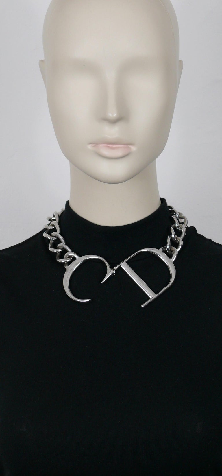 CHRISTIAN DIOR by JOHN GALLIANO Silver Tone Giant CD Chain Necklace ...