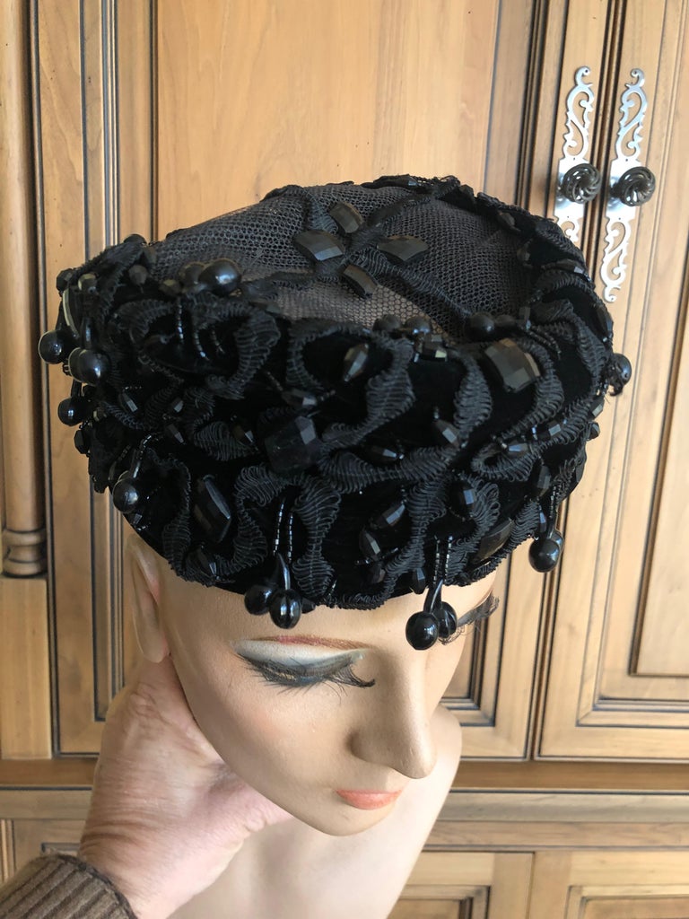 Christian Dior Chapeaux Embellished Vintage 1950 Black Pillbox Hat Jet ...