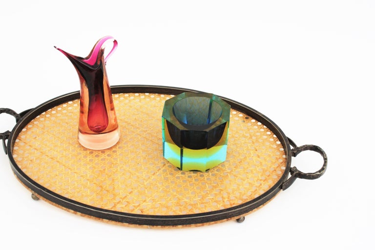 Christian Dior Style Oval Serving Tray in Rattan, Lucite and Metal For ...