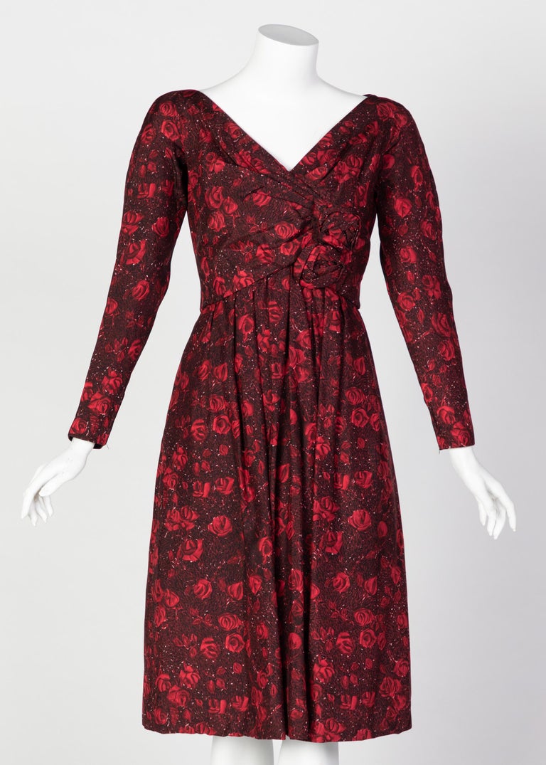 Christian Dior Demi-Couture Red Black Floral Silk Dress, 1950s at ...