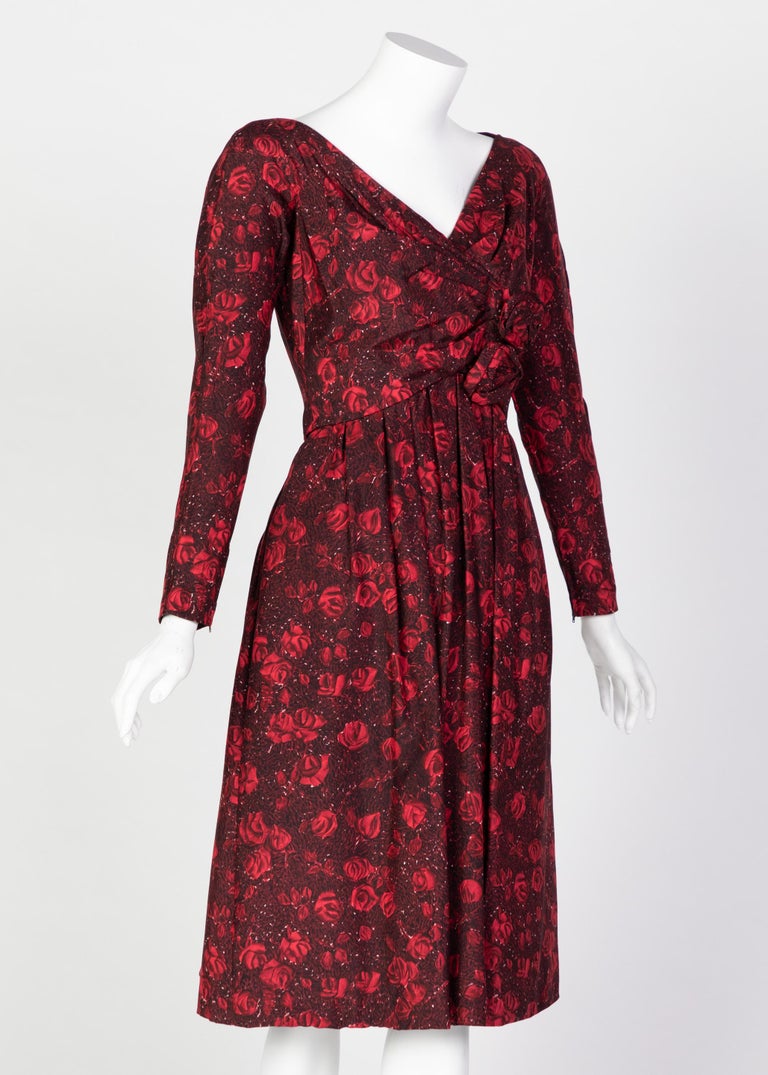 Christian Dior Demi-Couture Red Black Floral Silk Dress, 1950s at ...