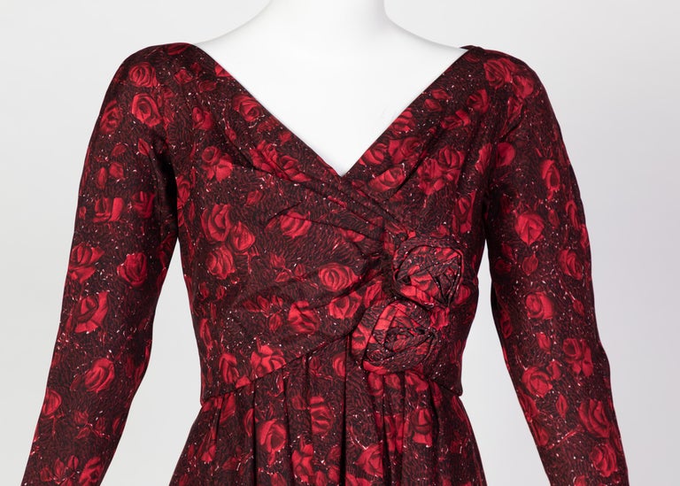 Christian Dior Demi-Couture Red Black Floral Silk Dress, 1950s at ...