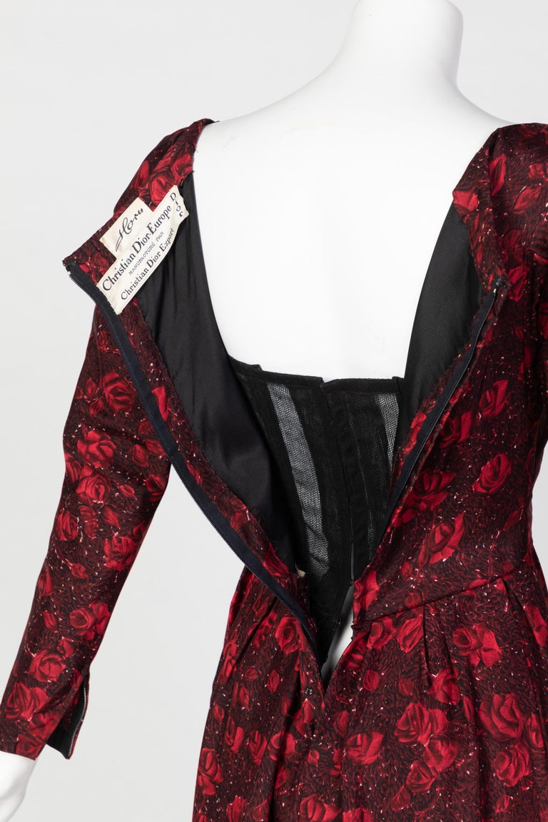 Christian Dior Demi-Couture Red Black Floral Silk Dress, 1950s at ...