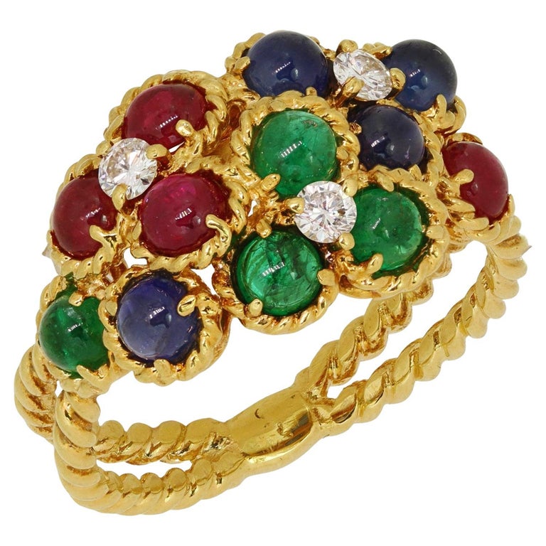 Christian Dior Diamond Emerald Ruby Sapphire Yellow Gold Ring For Sale ...