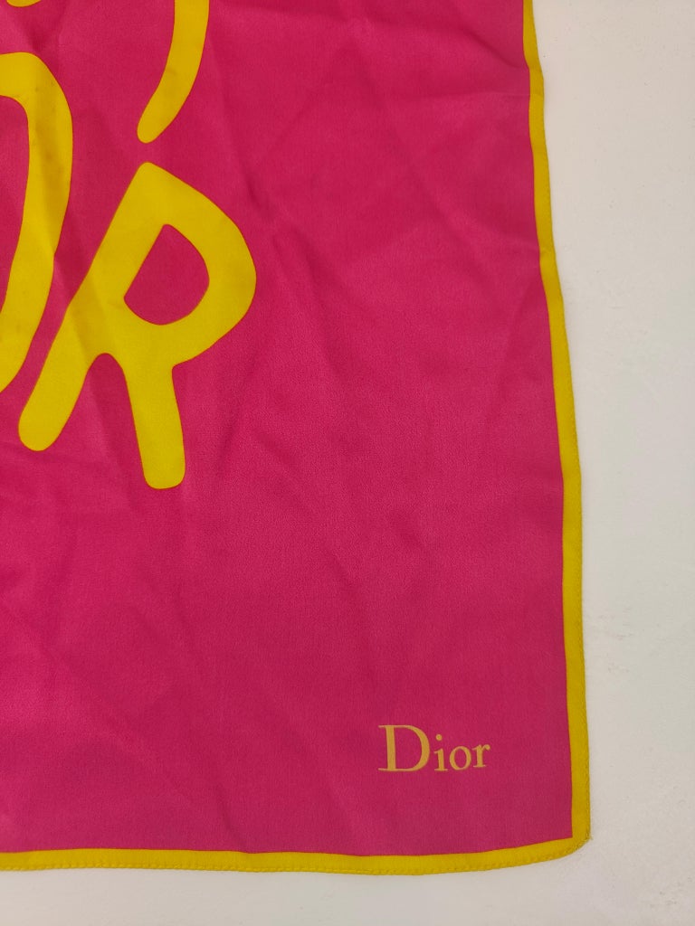 Christian Dior fucsia Yellow silk foulard For Sale at 1stDibs