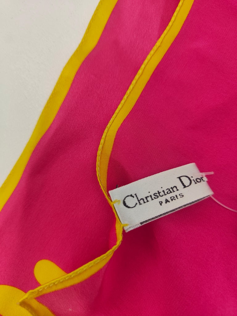 Christian Dior fucsia Yellow silk foulard For Sale at 1stDibs