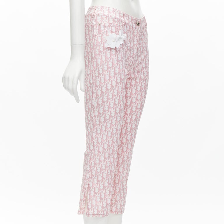 Christian Dior Galliano Y2k Pink Monogram Crystal Flared Cropped Pants