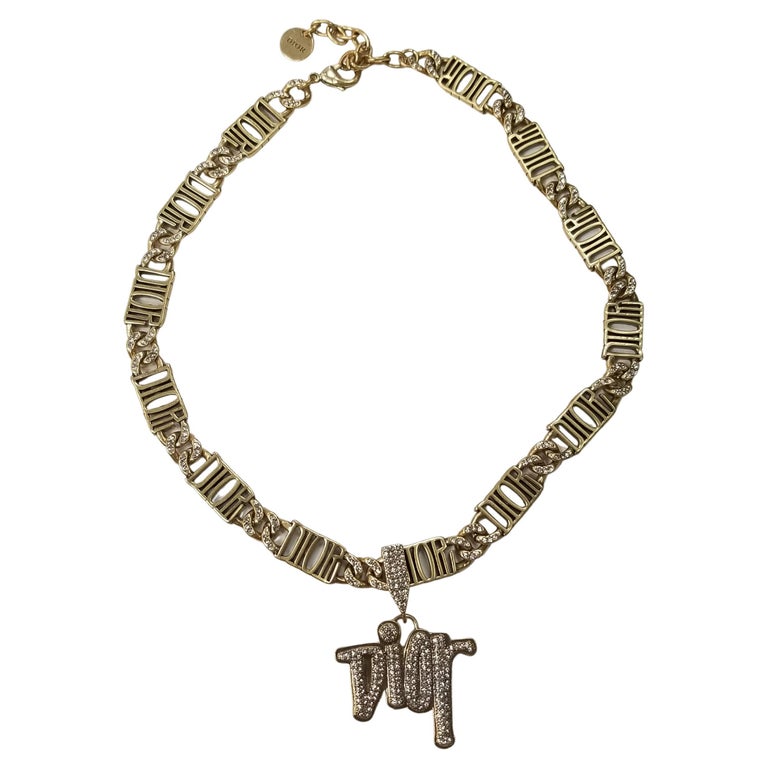 Christian Dior Gold Necklace and "Dior" Pendant with Crystals at 1stDibs