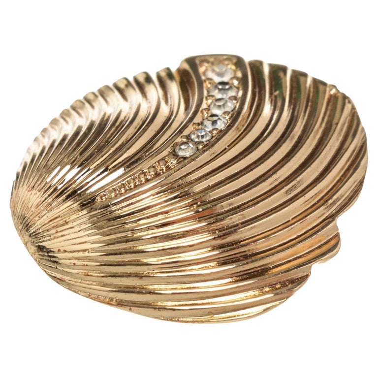 Christian Dior Gold Rhinestone Shell Brooch with Gold-Tone Hardware ...