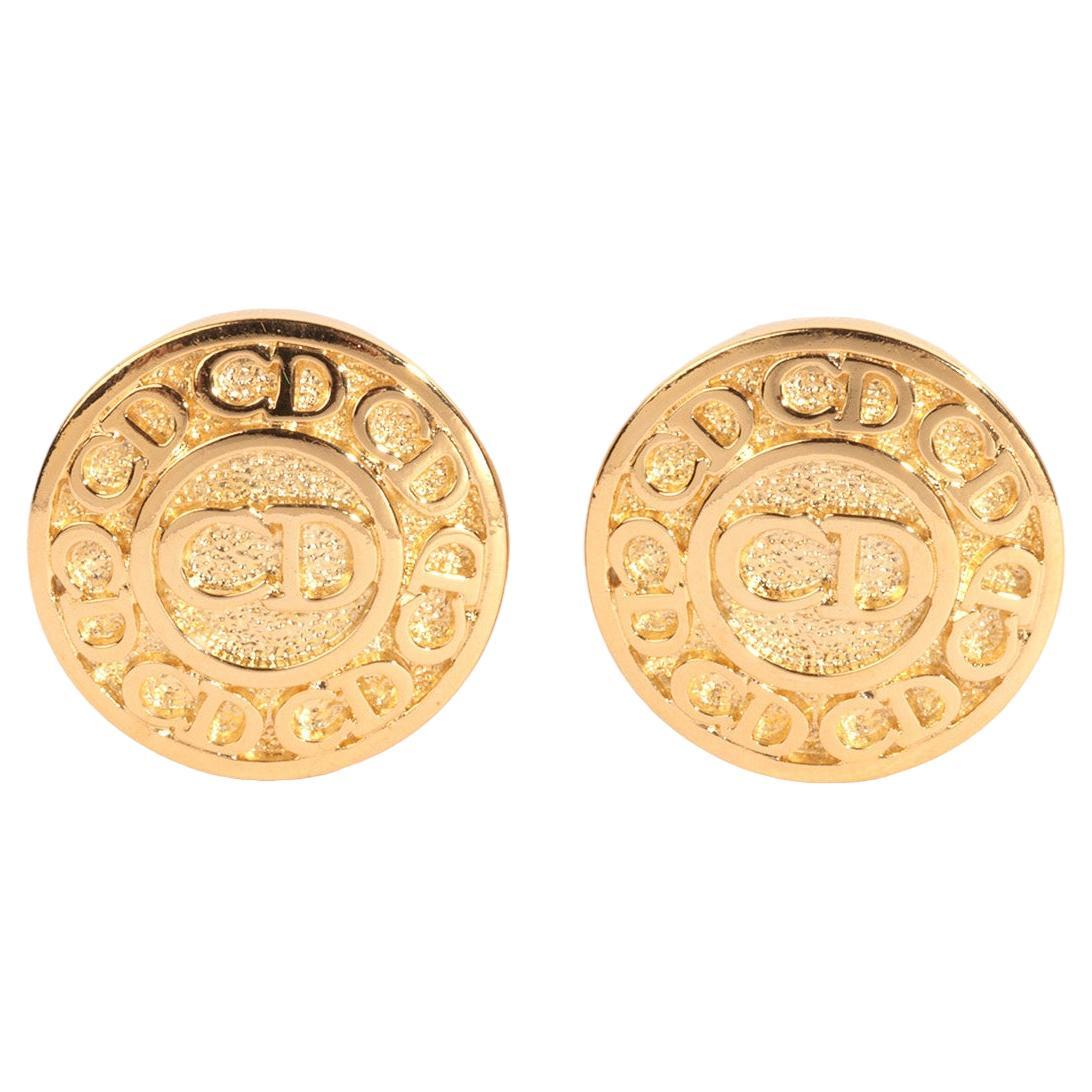 Christian Dior Gold Tone Clip Logo Button Earrings For Sale at 1stDibs