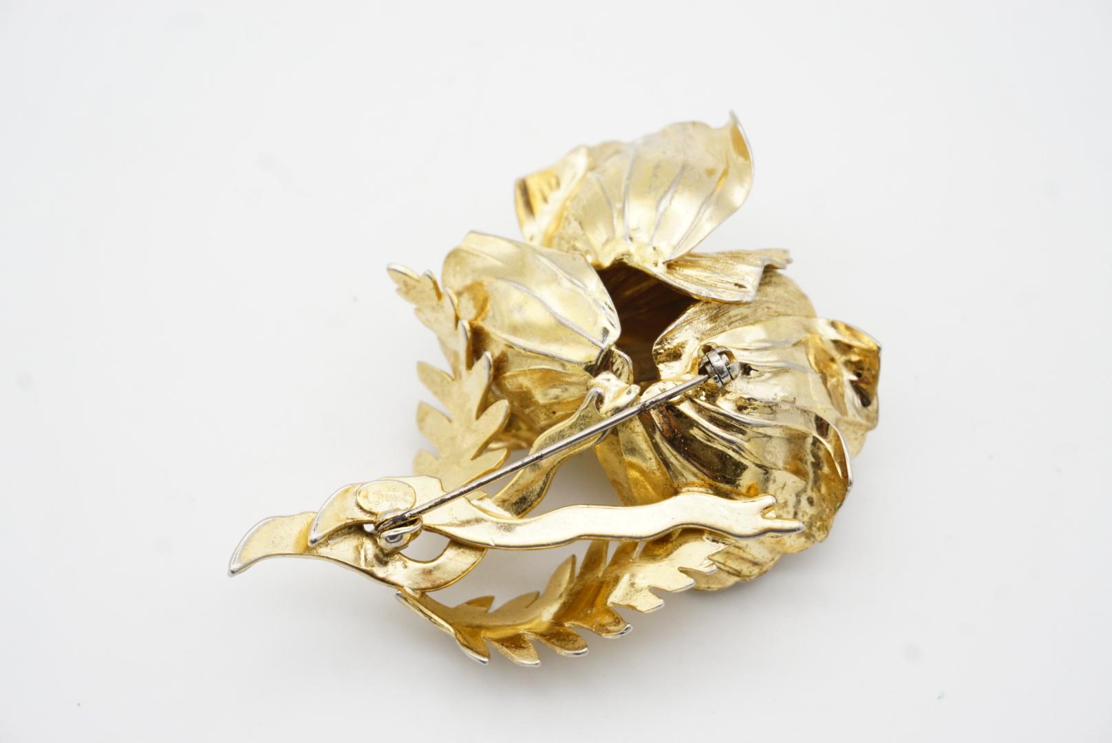 Christian Dior GROSSE 1961 Vintage Large 3D Vivid Rose Blossom Leaf Gold Brooch For Sale at 1stDibs