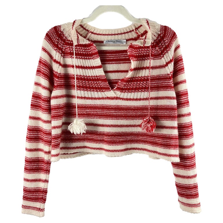 Christian Dior Knit Cropped Stripe Tassel Sweater White/Red 36 US 4 For ...