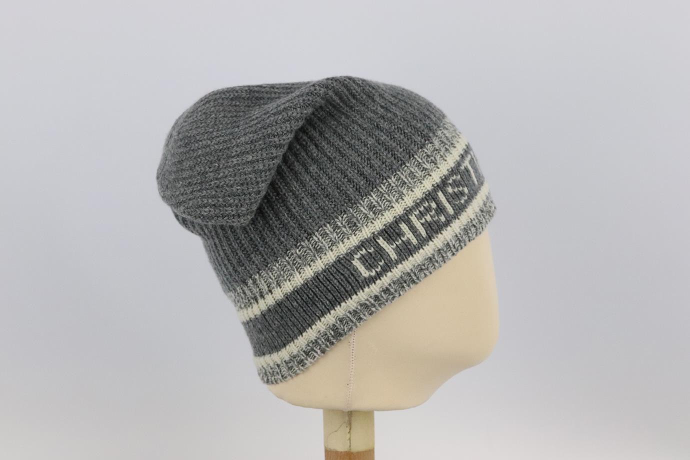 Christian Dior Logo Intarsia Cashmere Blend Ribbed Beanie One Size For ...