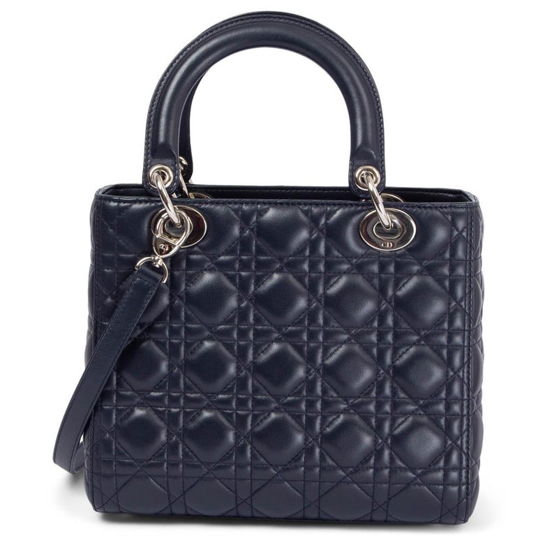 CHRISTIAN DIOR navy blue CANNAGE leather LADY DIOR MEDIUM TOTE Bag For ...
