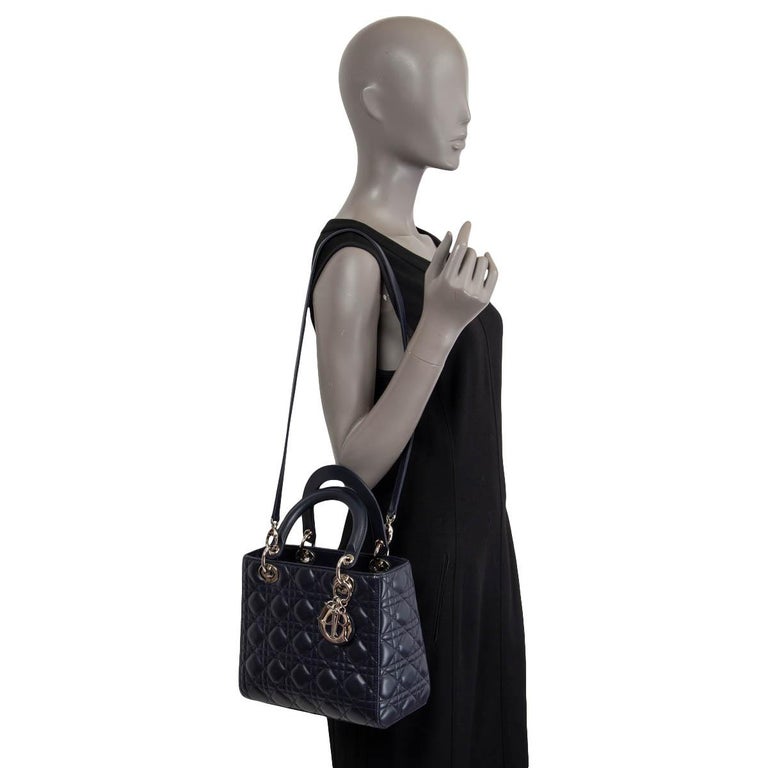 CHRISTIAN DIOR navy blue CANNAGE leather LADY DIOR MEDIUM TOTE Bag For ...