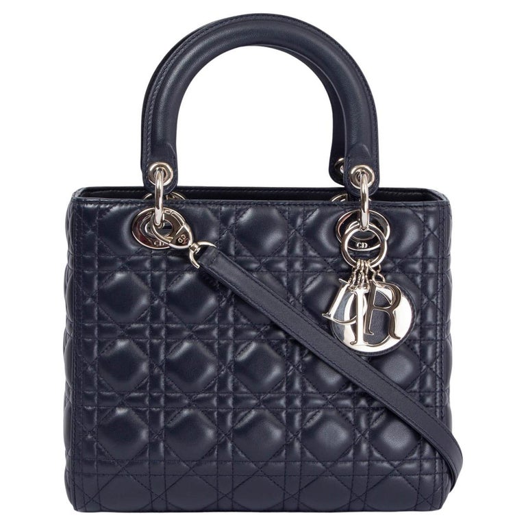 CHRISTIAN DIOR navy blue CANNAGE leather LADY DIOR MEDIUM TOTE Bag For ...