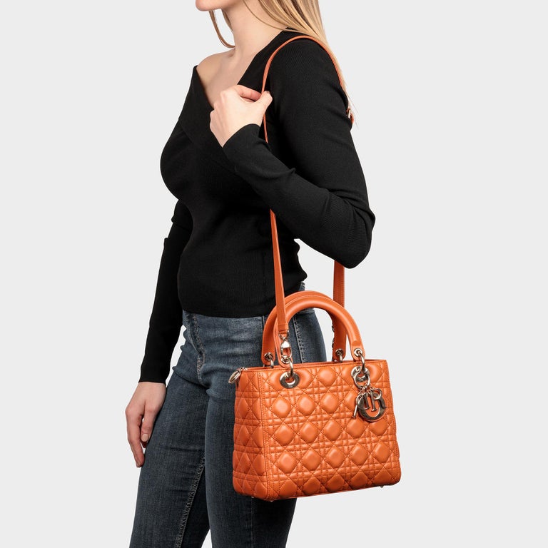 CHRISTIAN DIOR Orange Quilted Lambskin Leather Medium Lady Dior For ...