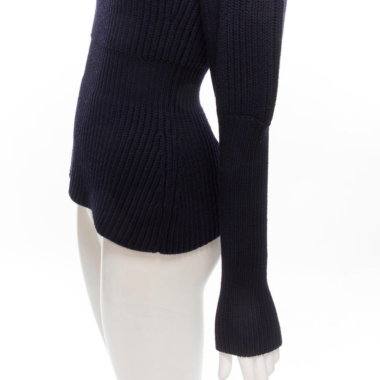 CHRISTIAN DIOR Raf Simons 100% wool navy cinched waist ribbed sweater ...