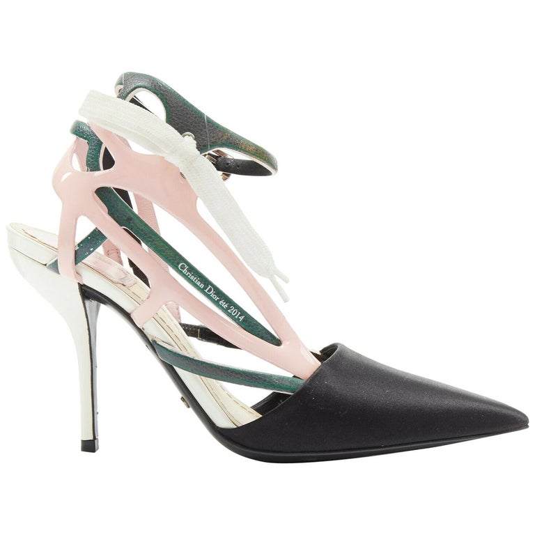 CHRISTIAN DIOR RAF SIMONS black dorsay toe green pink lace ribbon heels ...