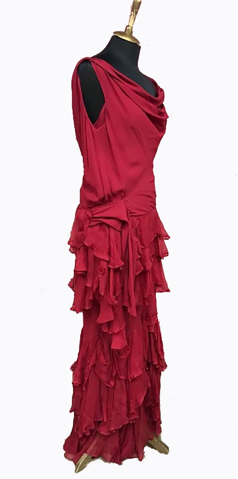 CHRISTIAN DIOR RED SILK RUFFLES GOWN size FR 42 - IT 46 For Sale at 1stDibs
