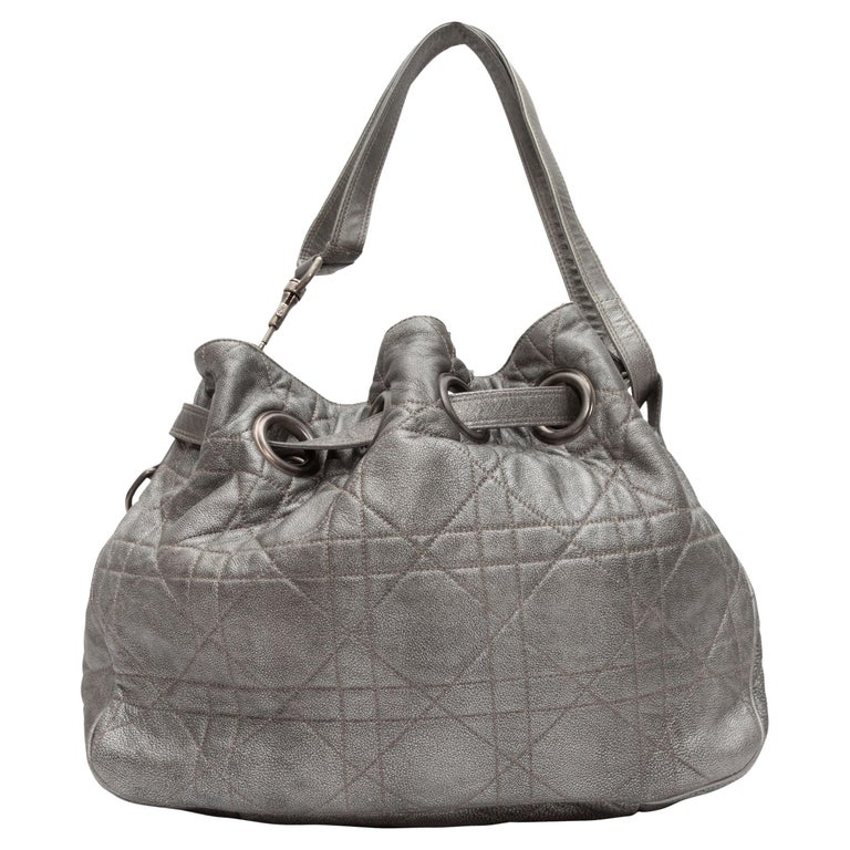 Christian Dior Silver Drawstring Cannage Shoulder Bag For Sale at 1stDibs