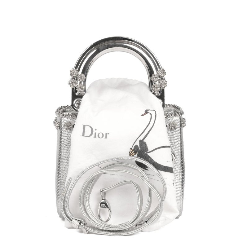 CHRISTIAN DIOR Silver Lizard Leather, Flower Studded Mini Lady Dior For ...