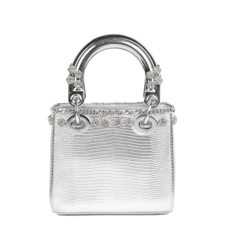 CHRISTIAN DIOR Silver Lizard Leather, Flower Studded Mini Lady Dior For ...