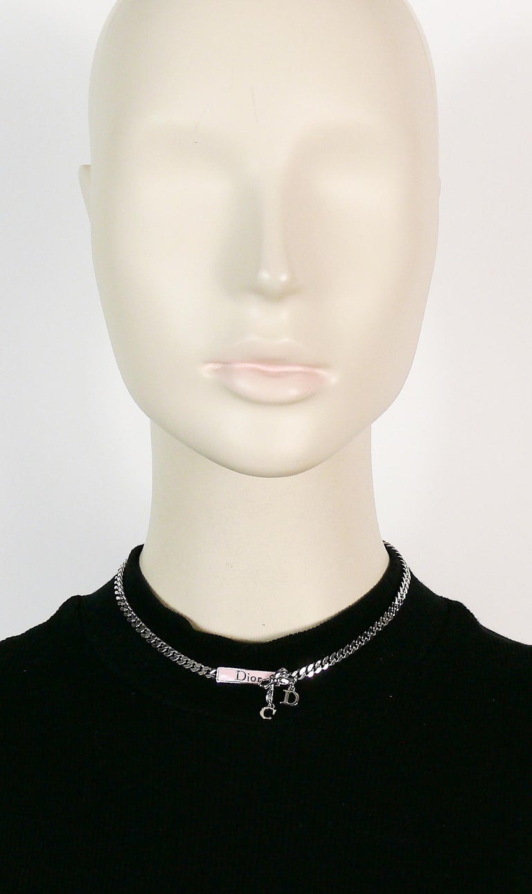Christian Dior Silver Toned Pink Enamel Dior Tag Bow Necklace at ...
