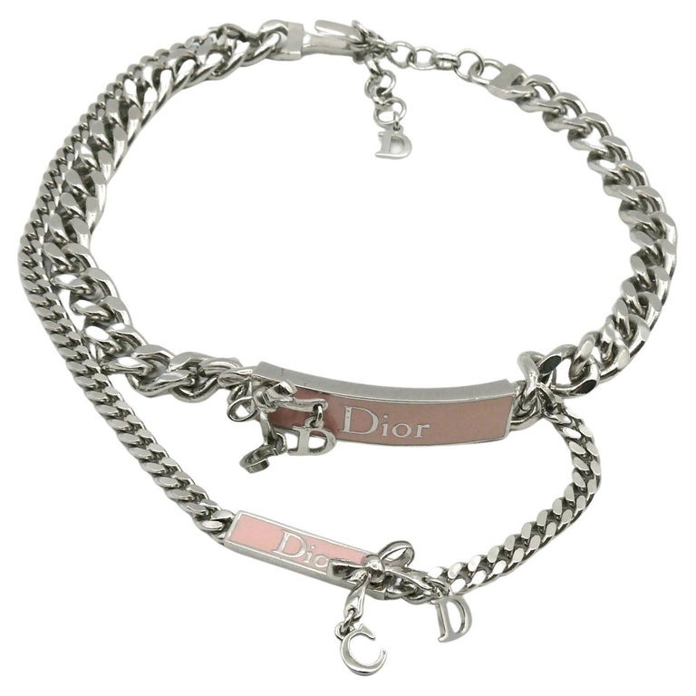 CHRISTIAN DIOR Double Chain and Pink Enamel Dior Tag Bow Necklace at ...