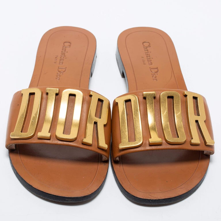 Christian Dior Tan Leather Dior Evolution Flat Slides Size 38 For Sale ...