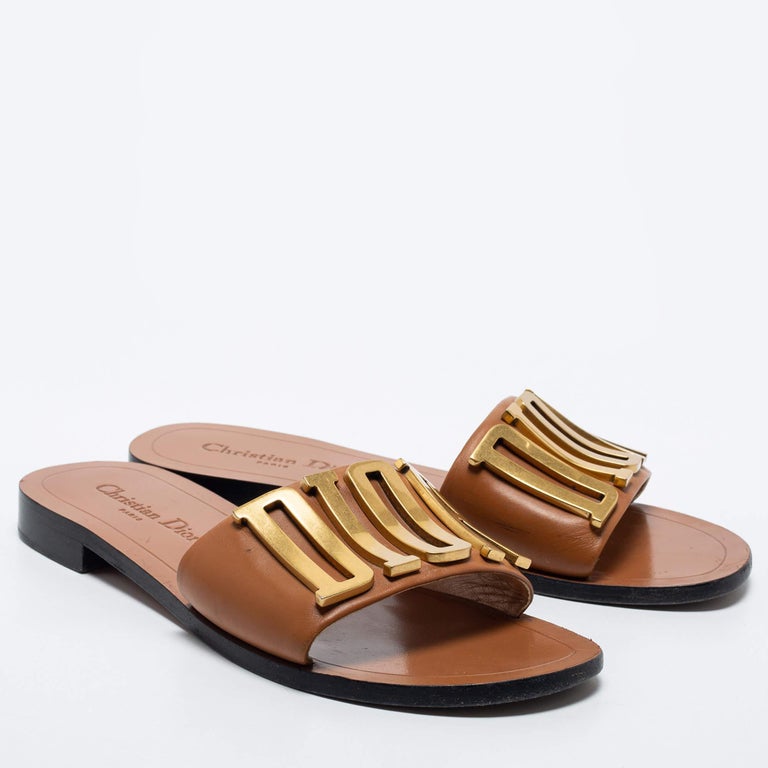 Christian Dior Tan Leather Dior Evolution Flat Slides Size 38 For Sale ...