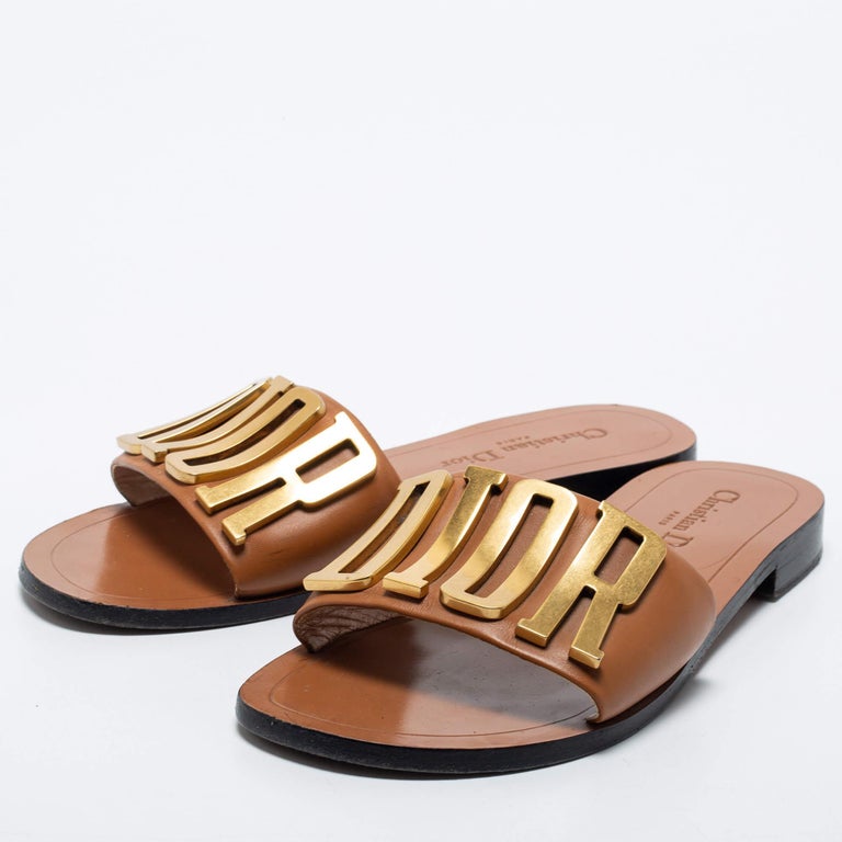 Christian Dior Tan Leather Dior Evolution Flat Slides Size 38 For Sale ...