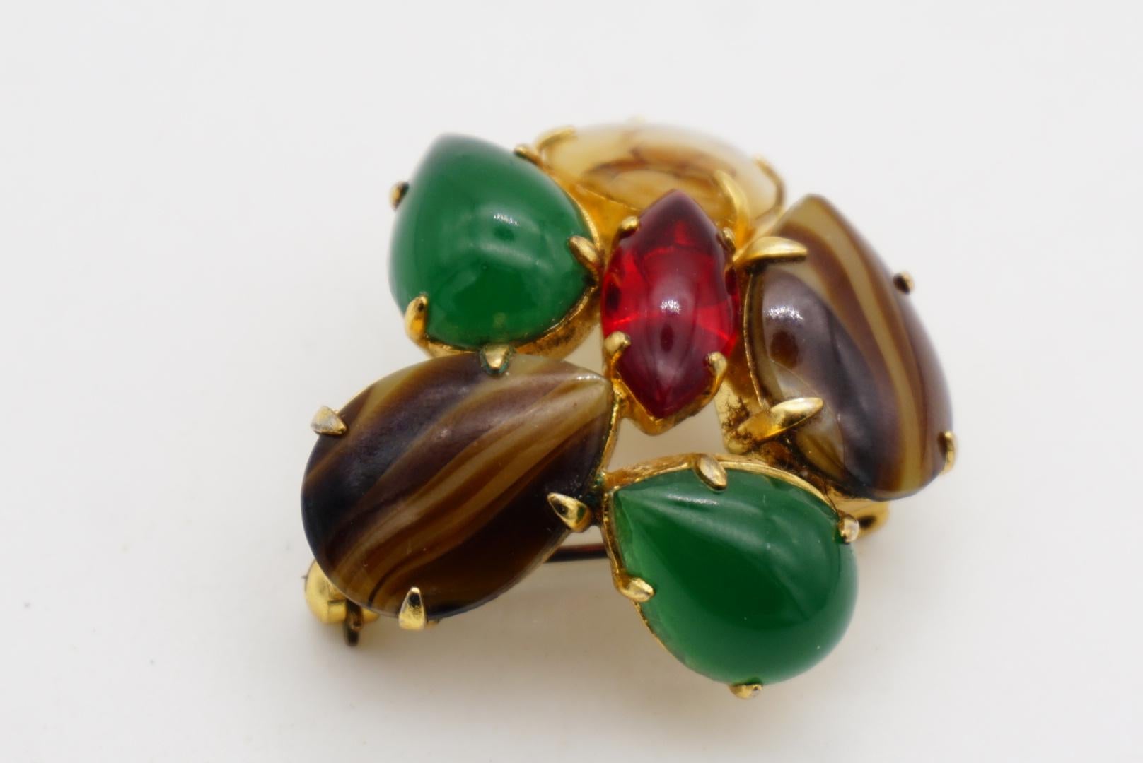 Christian Dior Vintage 1963 Green Jade Brown Ruby Marquise Tear Drop Brooch For Sale at 1stDibs