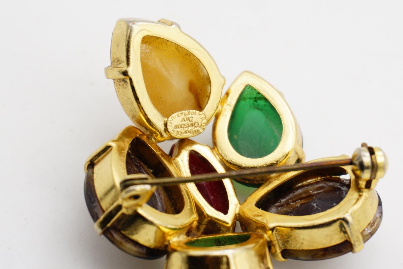 Christian Dior Vintage 1963 Green Jade Brown Ruby Marquise Tear Drop Brooch For Sale at 1stDibs