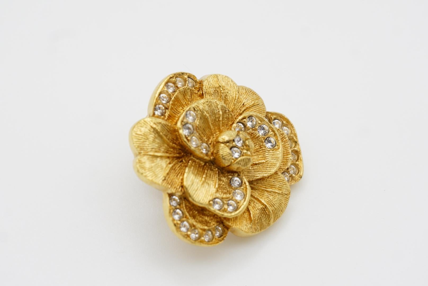 Christian Dior Vintage 1980s Camellia Crystal Layer Rose Gold Flower Pin Brooch For Sale at 1stDibs