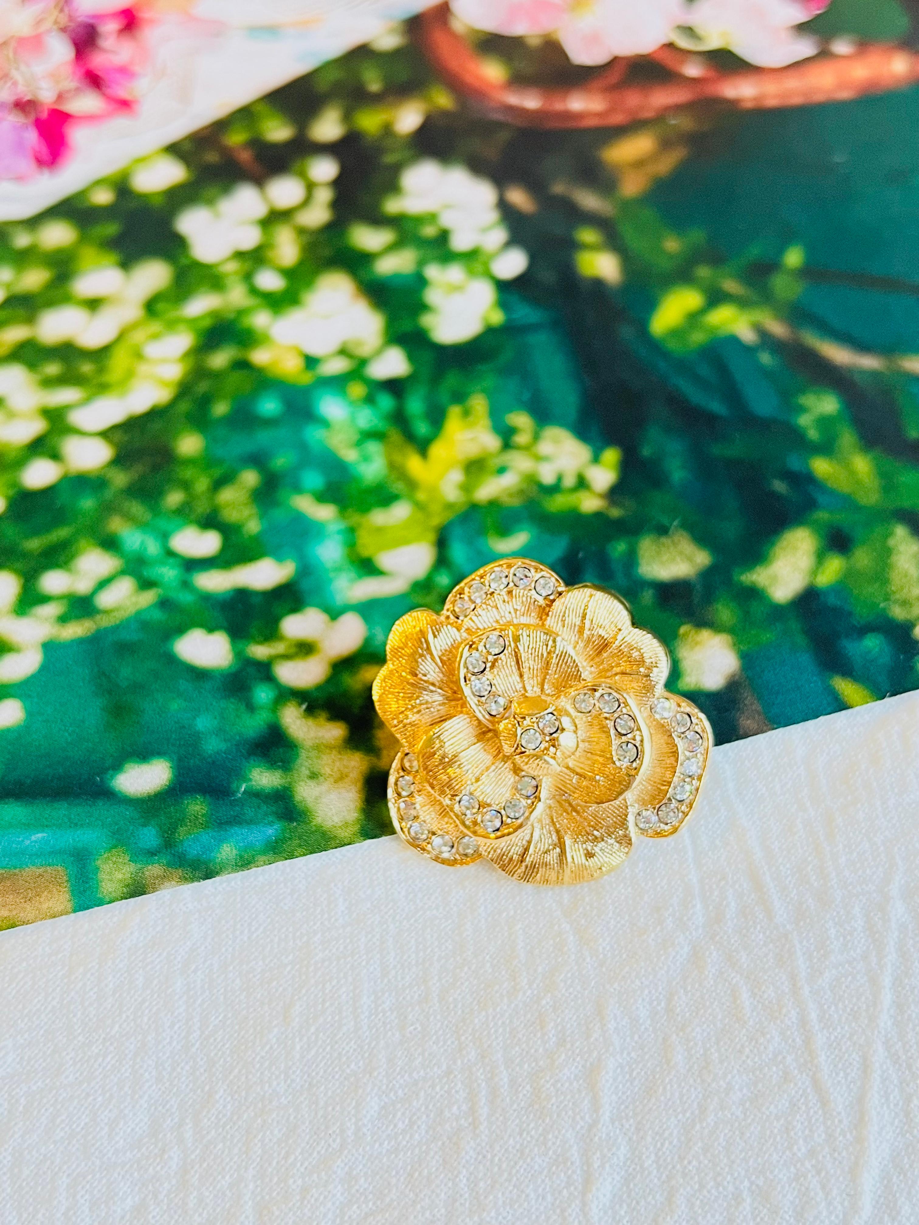 Christian Dior Vintage 1980s Camellia Crystal Layer Rose Gold Flower Pin Brooch For Sale at 1stDibs