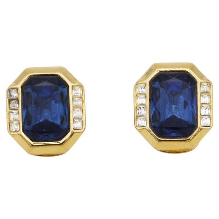 Christian Dior Vintage 1980s Sapphire Navy Crystals Octagonal Gold Clip ...
